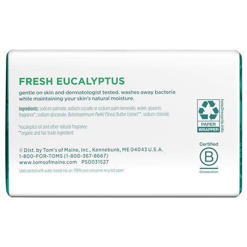 Tom's of Maine Natural Beauty Bar Soap With Raw Shea Butter, Fresh Eucalyptus, 5 oz. 6-Pack (Packaging May Vary)