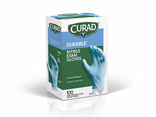 Curad Nitrile Exam Gloves, Durable, Powder Free, Chemical Resistant, One Size Fits Most, 100 Count, Blue