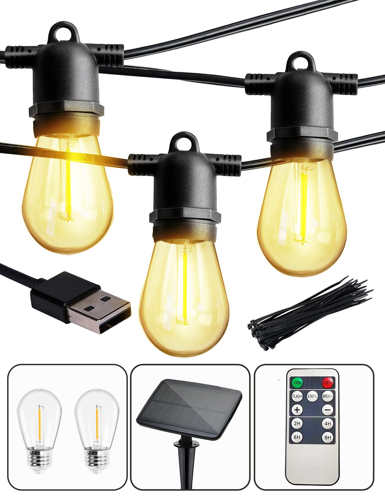 Classhine 48FT Solar Outdoor String Lights Dimmable with Remote, Waterproof Patio Deck Lights Daylight White 2700K/4000K/5000K, 15 Hanging Sockets, Shatterproof LED S14 Bulbs