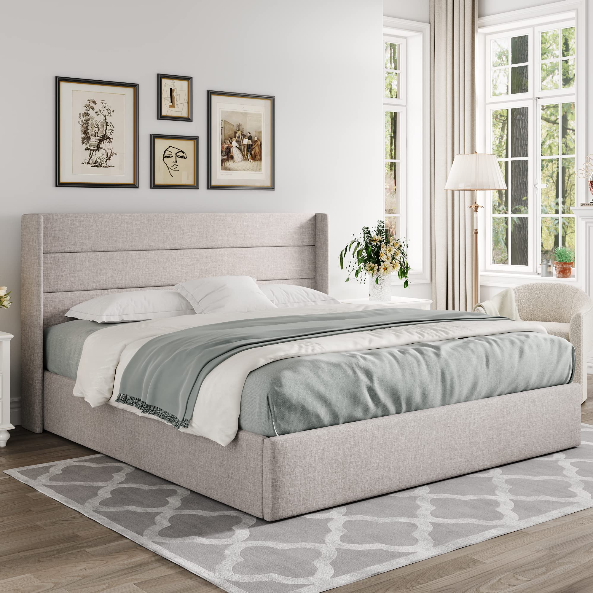 Allewie King Size Lift Up Storage Bed, Modern Wingback Headboard, No Box Spring Needed, Hydraulic Storage, Light Beige