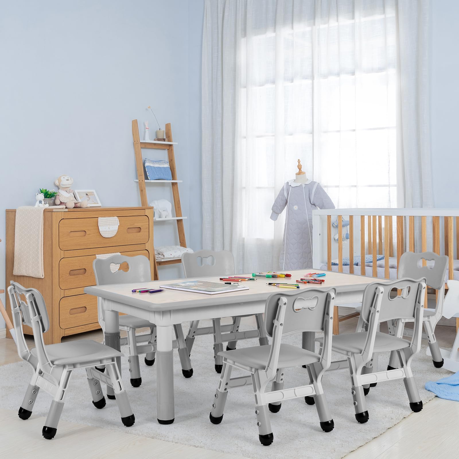 Arlopu Kids Study Table and 6 Chairs Set, Height Adjustable Graffiti Table, Preschool Activity Art Craft Table for 6, Multifunctional Toddler Table, Reading, Drawing, Eating Interaction (Gray)