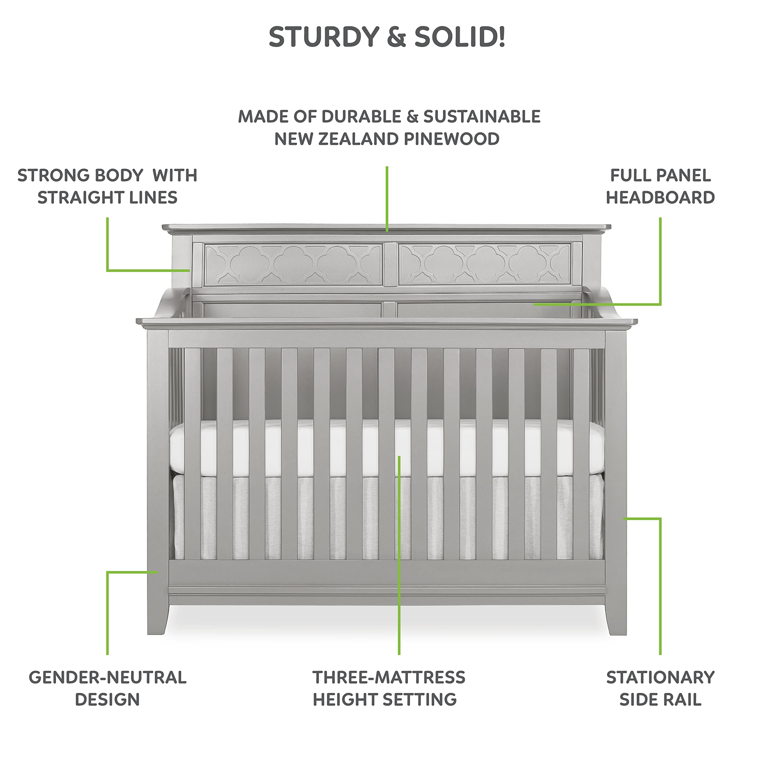 Dream On Me Fairview 4 In 1 Convertible Crib In Silver Grey Pearl, JPMA Certified, 3 Mattress Height Settings, Built Of Durable & Sustainable Pinewood