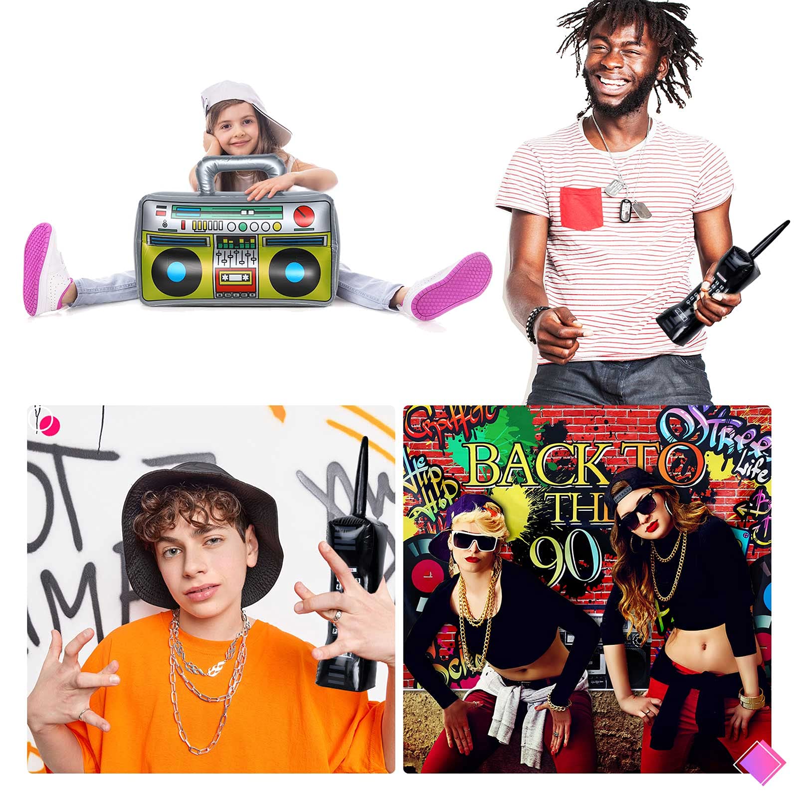 80s 90s Party Decorations Supplies Includes Inflatable Radio Boombox Backdrop Inflatable Mobile Phone and 16 Inch Gold Foil Chain Balloons for 80s 90s Party (Novel Style)