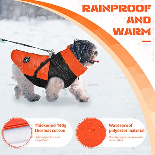 BAEJMJK Dog Reflective Winter Coat with Harness Warm Cold Weather Jacket for Small Medium Dogs Zip Up Turtleneck Puppy Vest with D-Ring Waterproof Windproof Dog Winter Clothes(Orange,Medium)