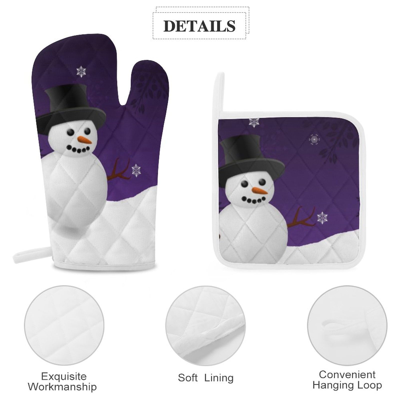 4PCS Oven Mitts and Pot Holders Sets, Purple Snowman Winter Christmas Oven Mitts Set Heat Resistant Kitchen Microwave Gloves Safe for Baking,Cooking, BBQ