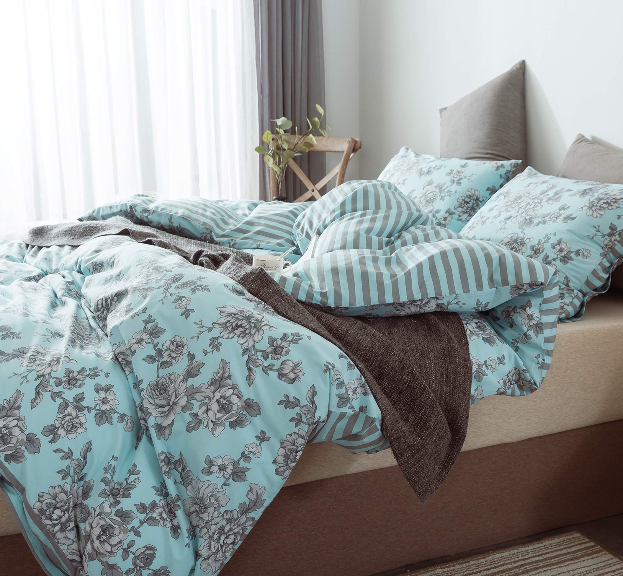 ANNA.Z HOME 3-Piece Cotton Duvet Cover Set. 100% Cotton Percale Fabric. Real Reversible Design. Pre-Washed Printed Fabrics. Soft and Easy Care. Modern Farmhouse Style. (Green, King Set)