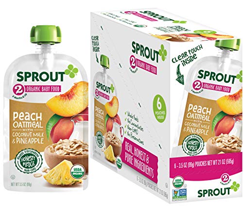 Sprout Organic Stage 2 Baby Food Pouches, Peach Oatmeal w/ Coconut Milk & Pineapple, 3.5 Ounce (Pack of 6)