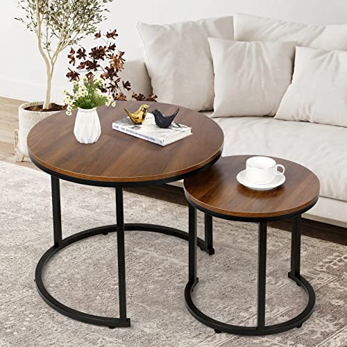 Coffee Tables for Living Room - Small Round Coffee Table Set of 2, Center Table with Solid Wood Grain Table Top and Sturdy Metal Frame, Nesting Tables for Small Spaces, Easy to Assemble (Walnut)