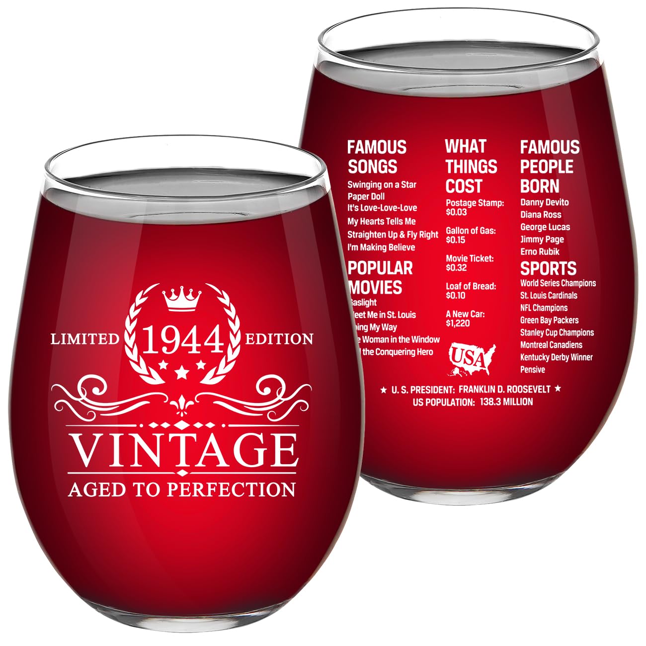 80th Birthday Gifts for Women Men - Vintage 1944 Limited Edition Stemless Wine Glass 15 oz- 80 Year Old Women Gifts -80th Birthday Gift and Home Use - 80 Year Old Birthday Party Decorations - 1 PACK