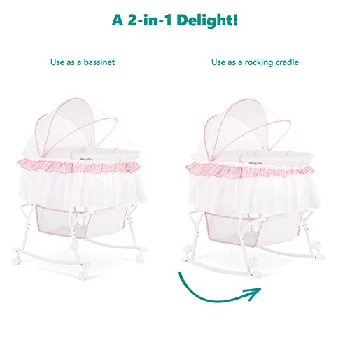 Dream On Me Lacy Portable 2-in-1 Bassinet & Cradle in Pink and White, Lightweight Baby Bassinet with Storage Basket, Adjustable and Removable Canopy