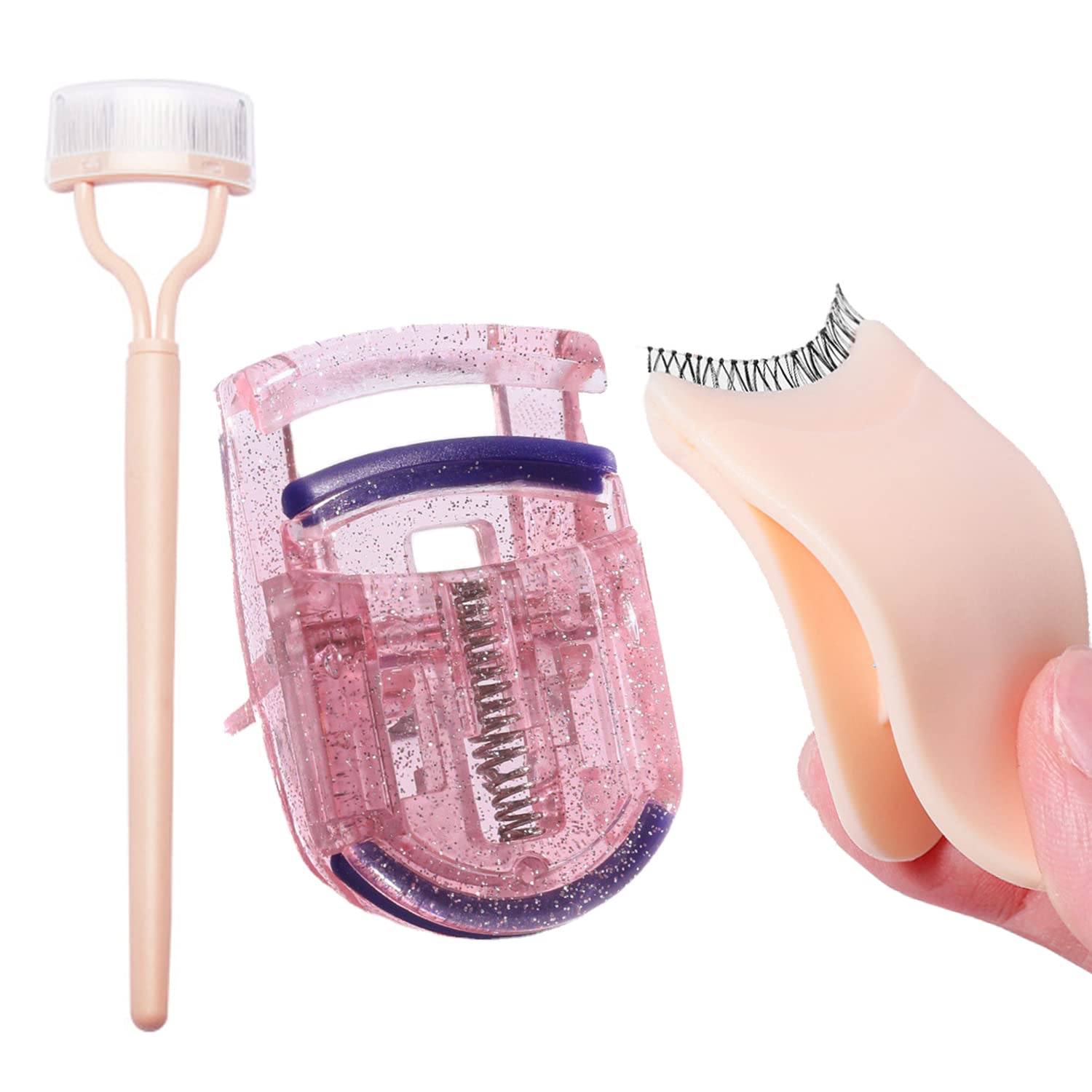 3 in 1 Eyelash Application Tool Kit,Eyelash Comb Eyelashes Separator Curler Portable Curler and False Eyelash Applicator Tool Tweezers Eyelashes Buddy Kit (3 Pcs, Pink)