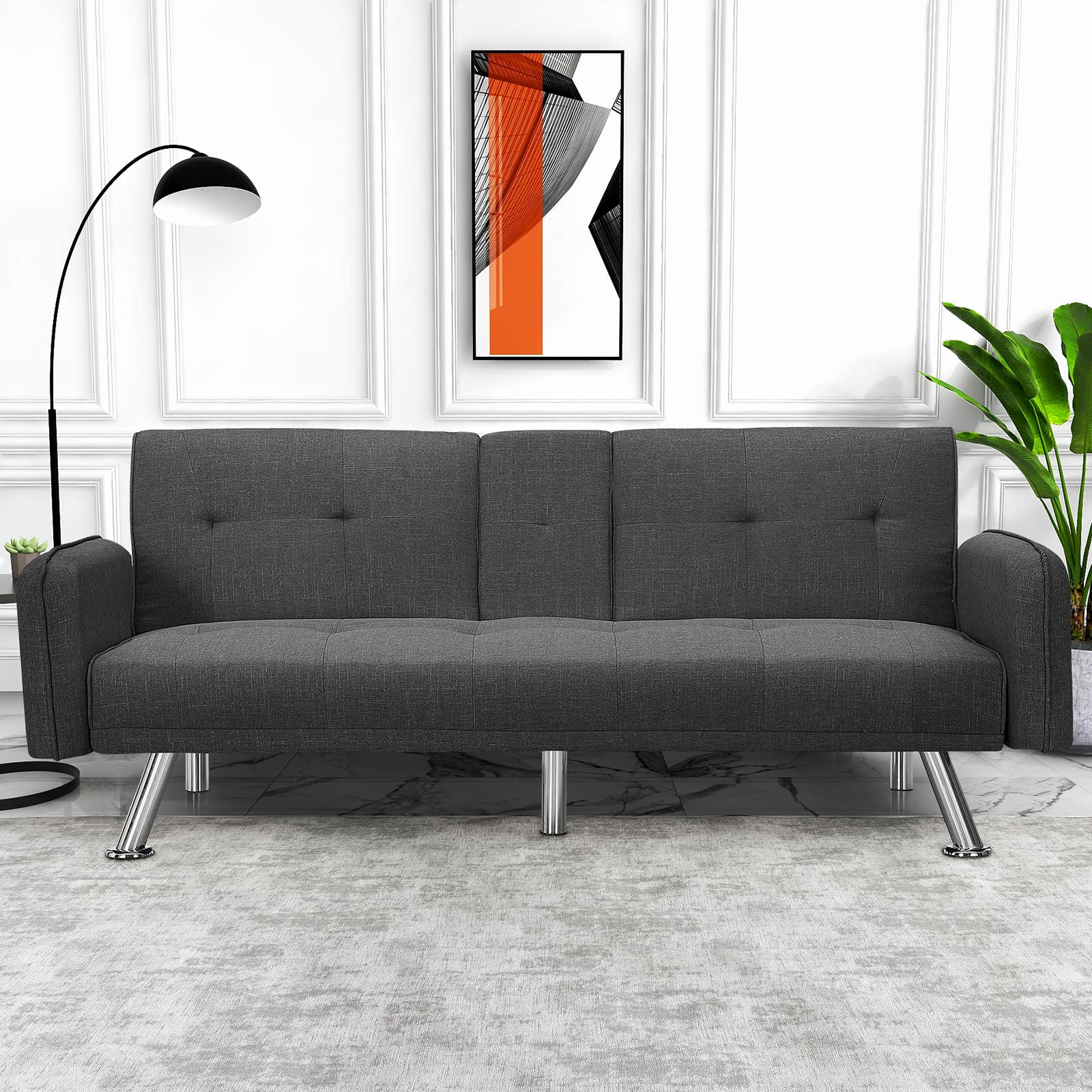 IULULU Futon Sofa Bed, Convertible Couch with 2 Cup Holders Loveseat with Armrest for Studio, Apartment, Office, Living Room, Dark Grey