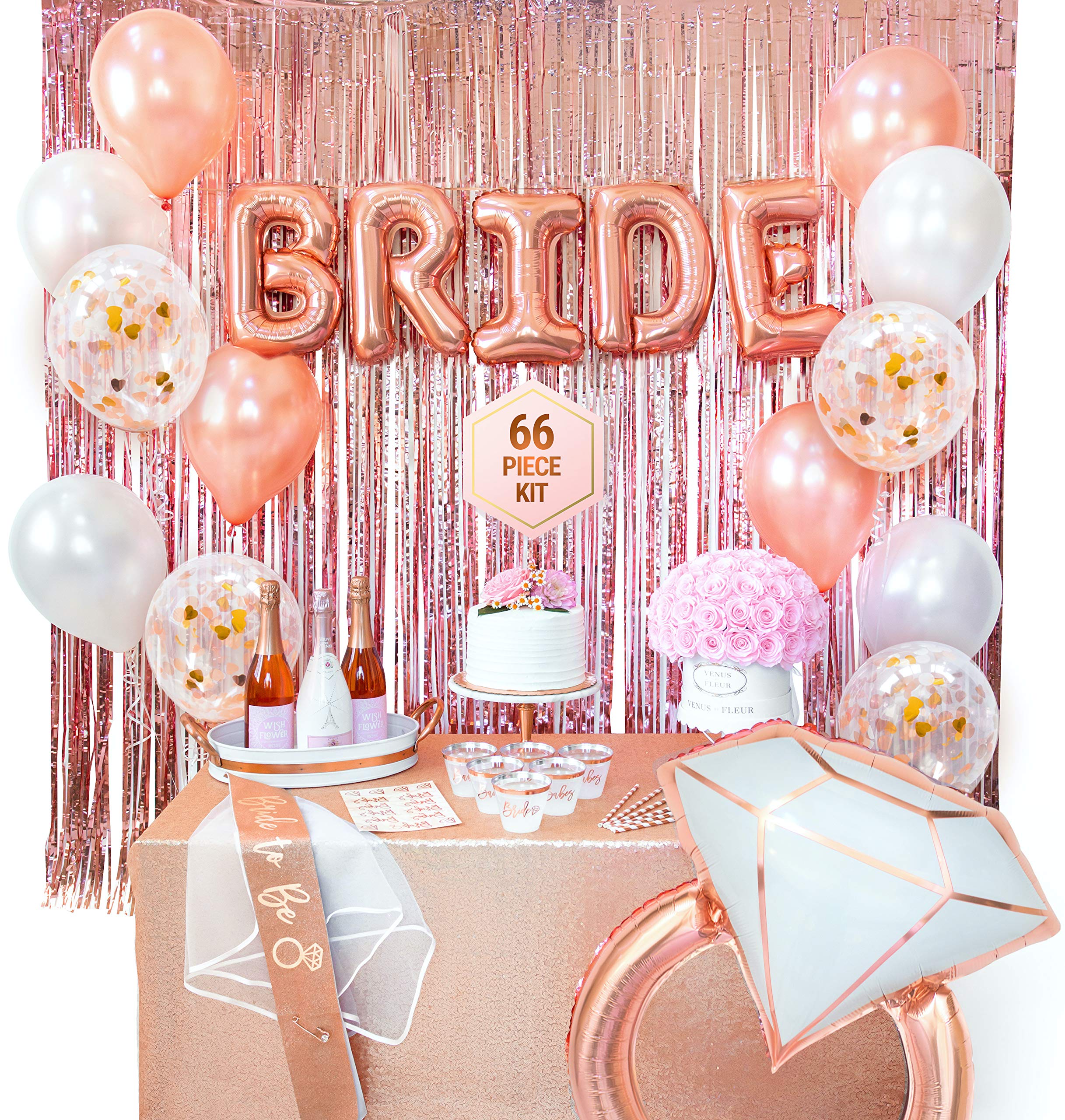 66 Piece Rose Gold Mega Bachelorette Party Decorations Kit, Fun Bridal Shower Decorations Pack, Bride to Be Sash, Rose Gold Cups, Veil, Bride & Ring Balloons, Premium Bridal Decorations for Shower