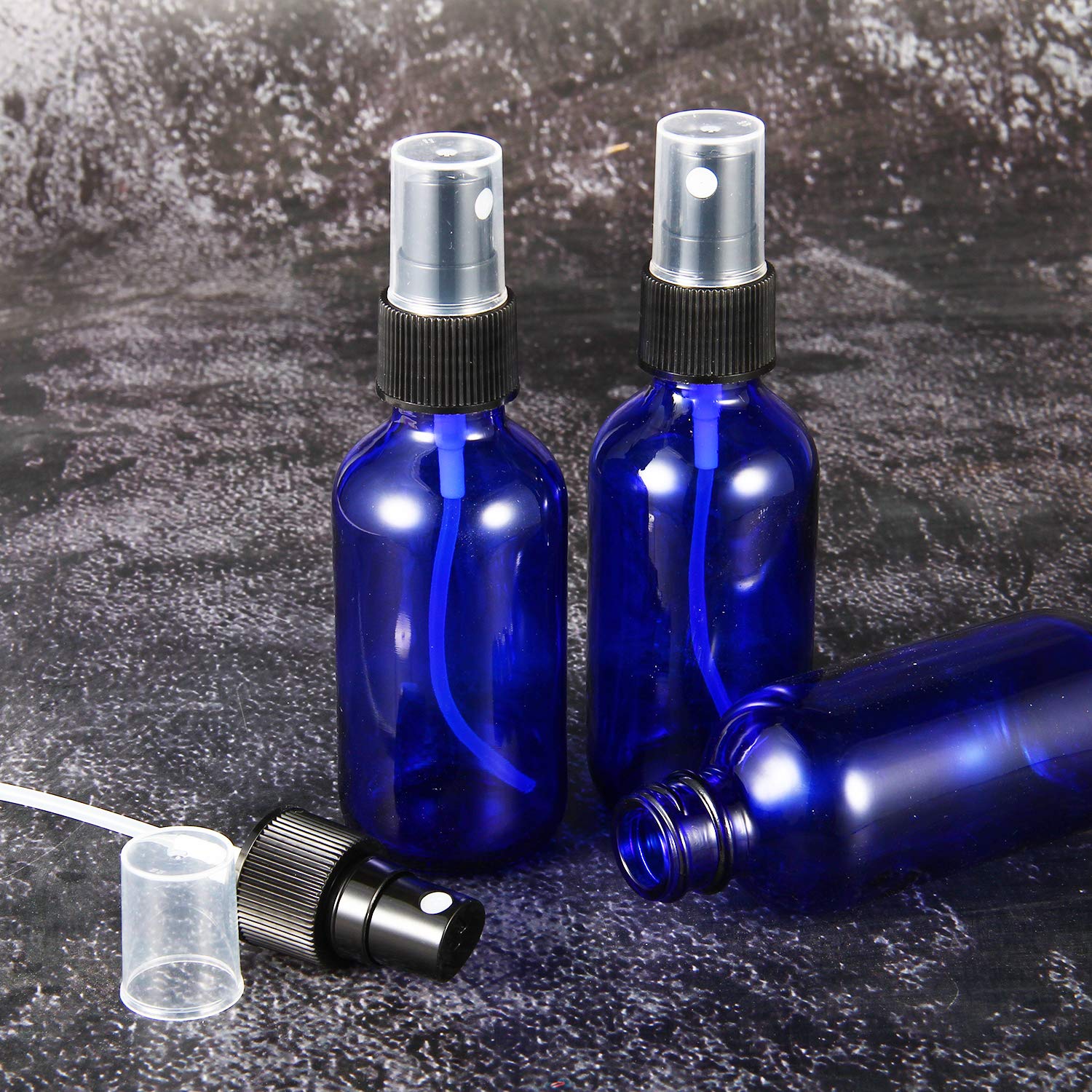 Ruckae 2 oz Glass Spray Bottles-18 Piece Set - With Funnel and Gold Glass Pen,Black Fine Mist Sprayers (Blue)