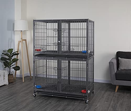 Go Pet Club 44" Heavy Duty Stackable Cat Dog Pet Metal Crate Kennels Outdoor and Indoor with Divider and Water Bowls, Large