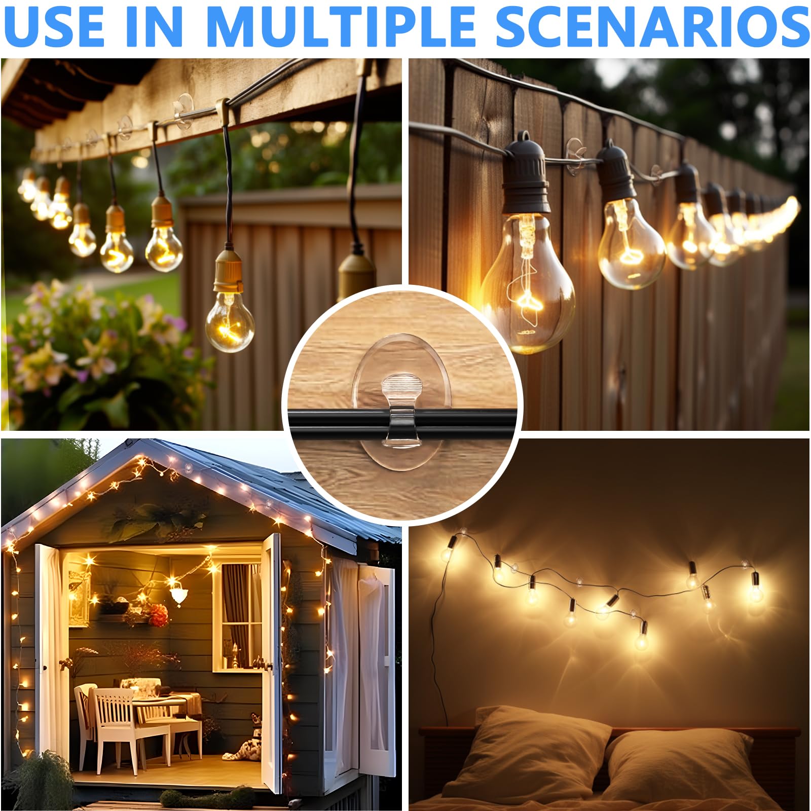 Hooks for Outdoor String Lights - 26Pcs Light Clips for Outside String Lights - Adhesive Hooks for Hanging Heavy Duty
