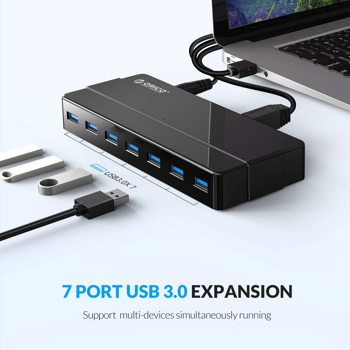 Powered 7-Port USB 3.0 Hub, ORICO USB Data Hub with 12V Power Adapter, Multi USB 3.0 Splitter with 3.3 Ft Long USB Cable for PC, Laptop, Keyboard, Mouse, HDDs and More-Black