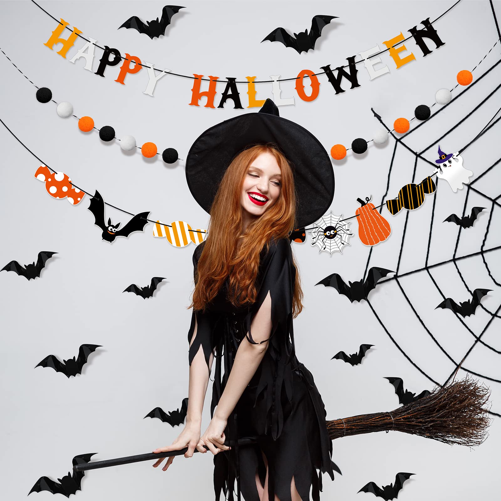 Happy Halloween Banner Pom Pom Garland Set and Halloween Bat Candy Banner with Black Bat Wall Sticker for Halloween Party Decorations Home Decor