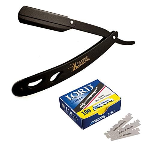 Classic Samurai CS-102 Stainless Steel Professional Barber Straight Edge Shavette Cut Throat Razor (Matte Black + 100 Lord Blades)