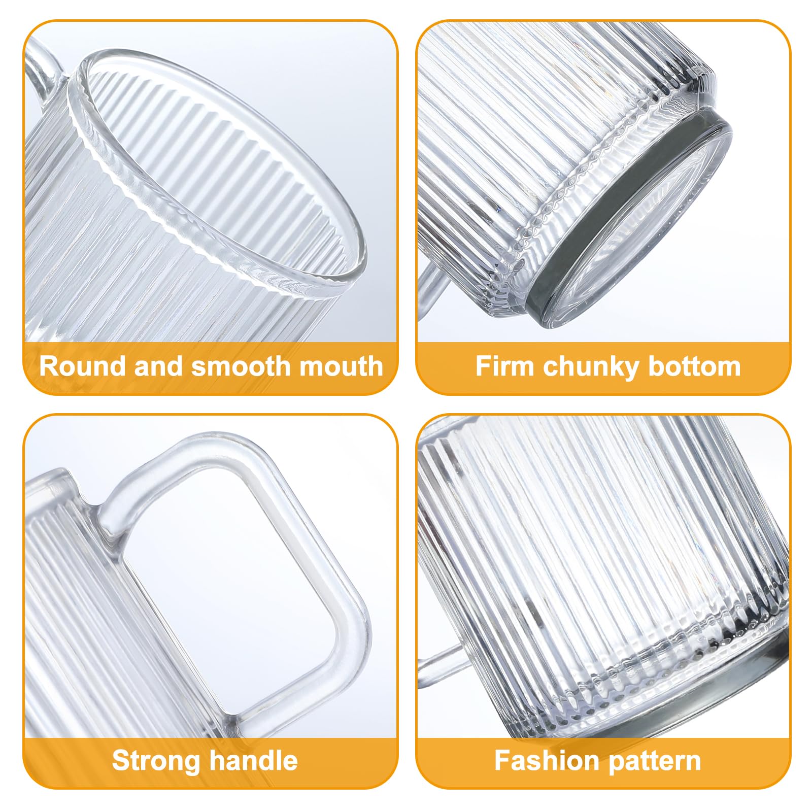 6PCS Premium Glass Coffee Mugs Classic Vertical Stripes Clear Tea Cups Latte Cup for Cappuccino Espresso, 12oz