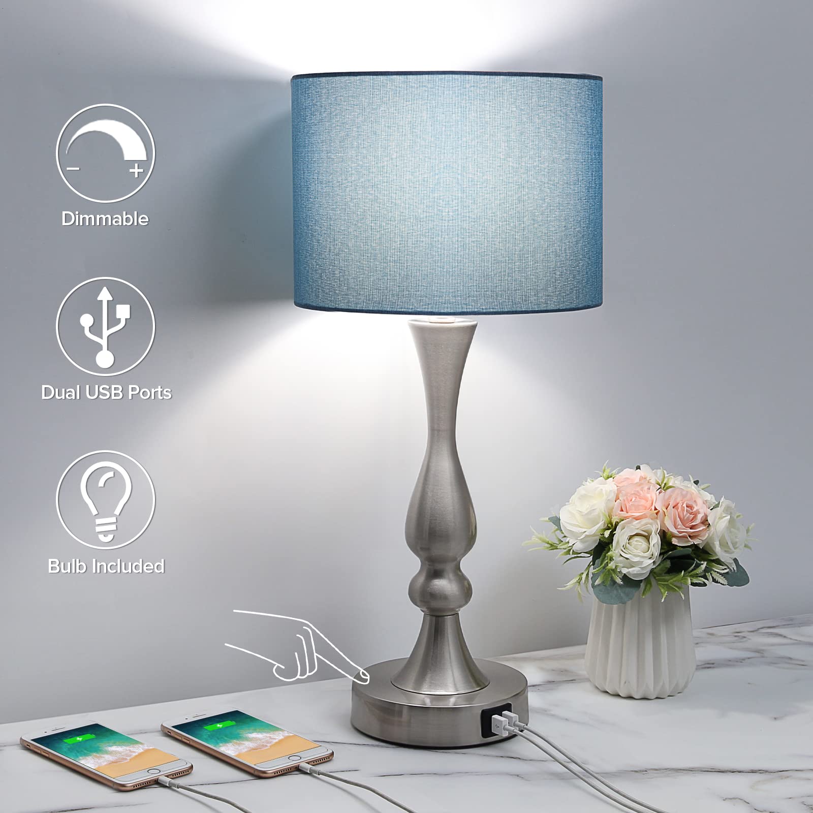3-Way Dimmable Touch Control Table Lamp with Dual USB Charging Ports, Bedside Touch Lamp Modern Accent Lamp with Blue Lampshade, Bedroom Nightstand Lamp for Living Room Office, 6W LED Bulb Included
