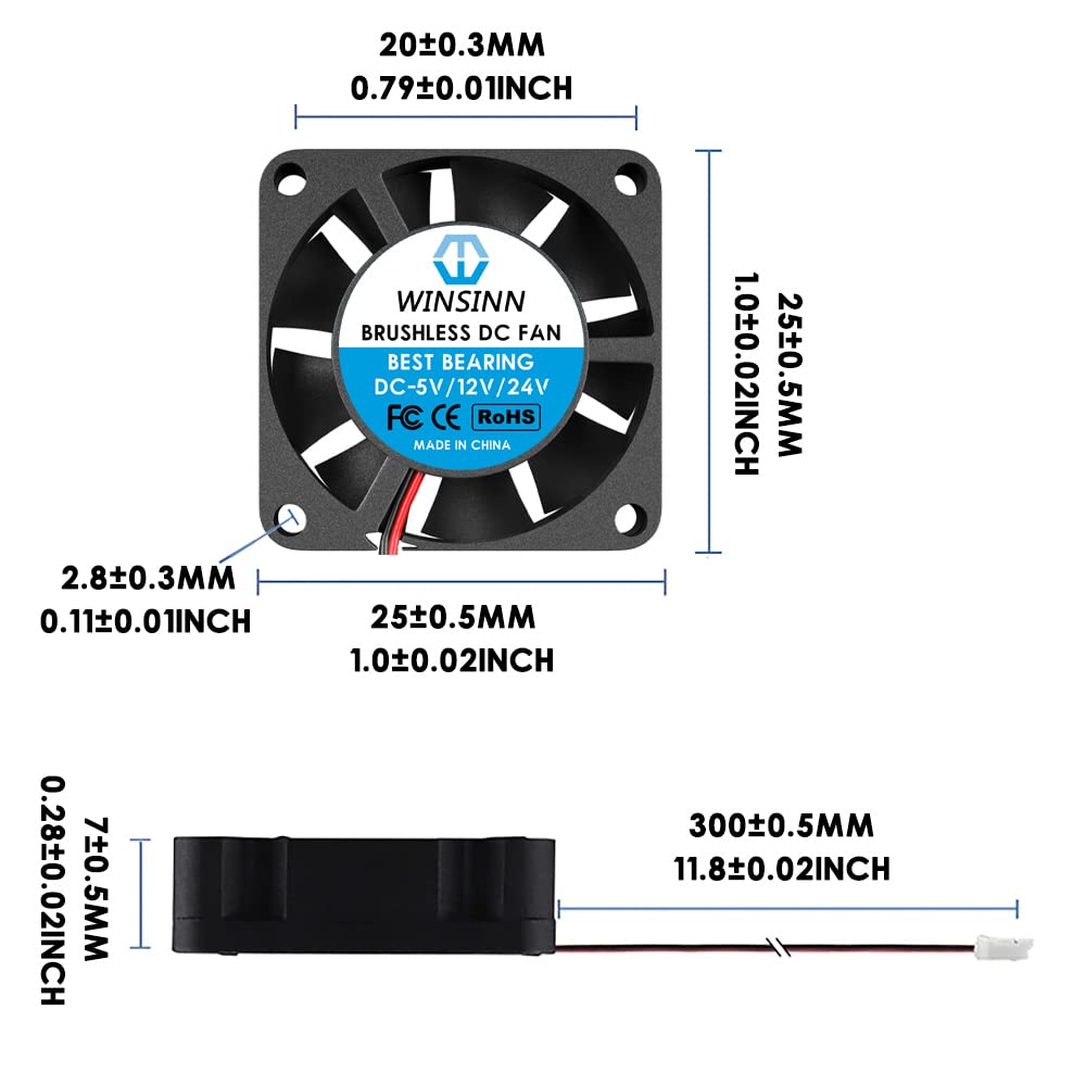 WINSINN Mini 25mm Fan 5V Hydraulic Bearing Brushless 2507 25x7mm - High Speed (Pack of 4Pcs)