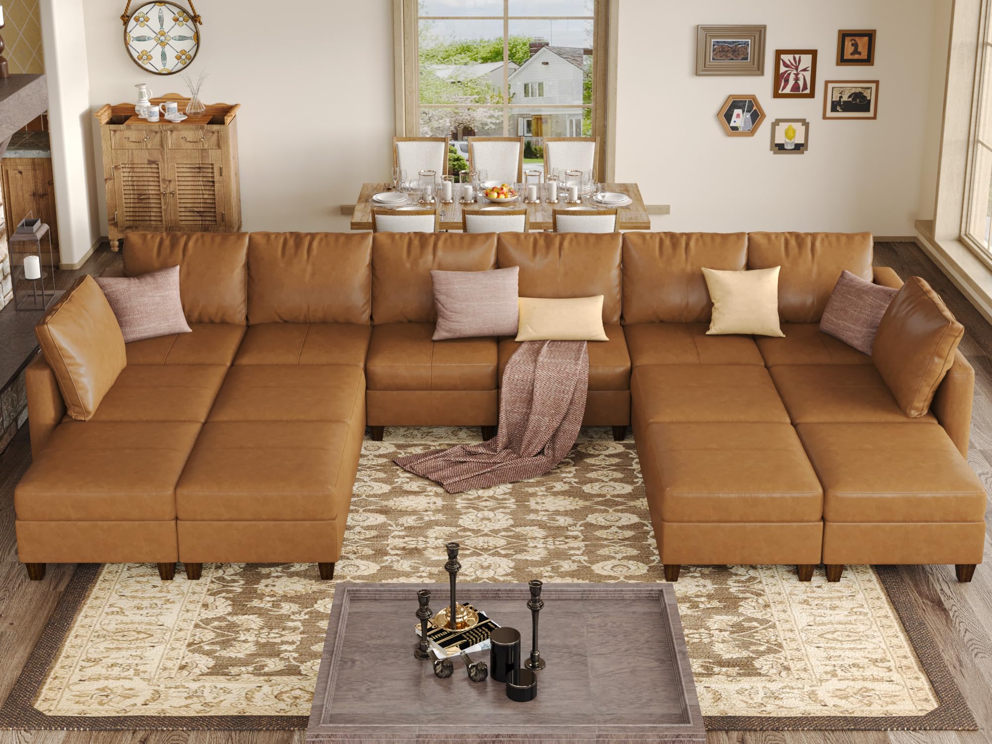 EASE MOOSE Large U Shaped Modular Sectional Sofa with Storage, Faux Leather sectional Sofa 14 Seat Oversized Brown Modular Sectional Couch