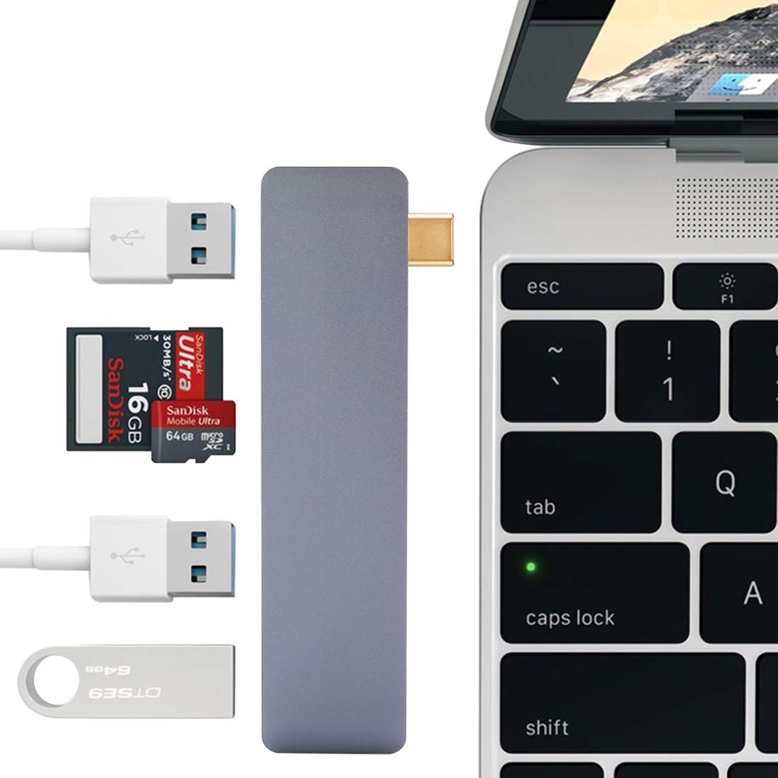 Jiali USB-C Hub Converter 5 in 1 Multi-Function Aluminium Alloy 5Gbps Transfer Rate USB-C/Type-C HUB Adapter with 3 USB 3.0 Ports & SD Card Slot & TF Card Slot for MacBook 2015/2016 / 2017(Grey)