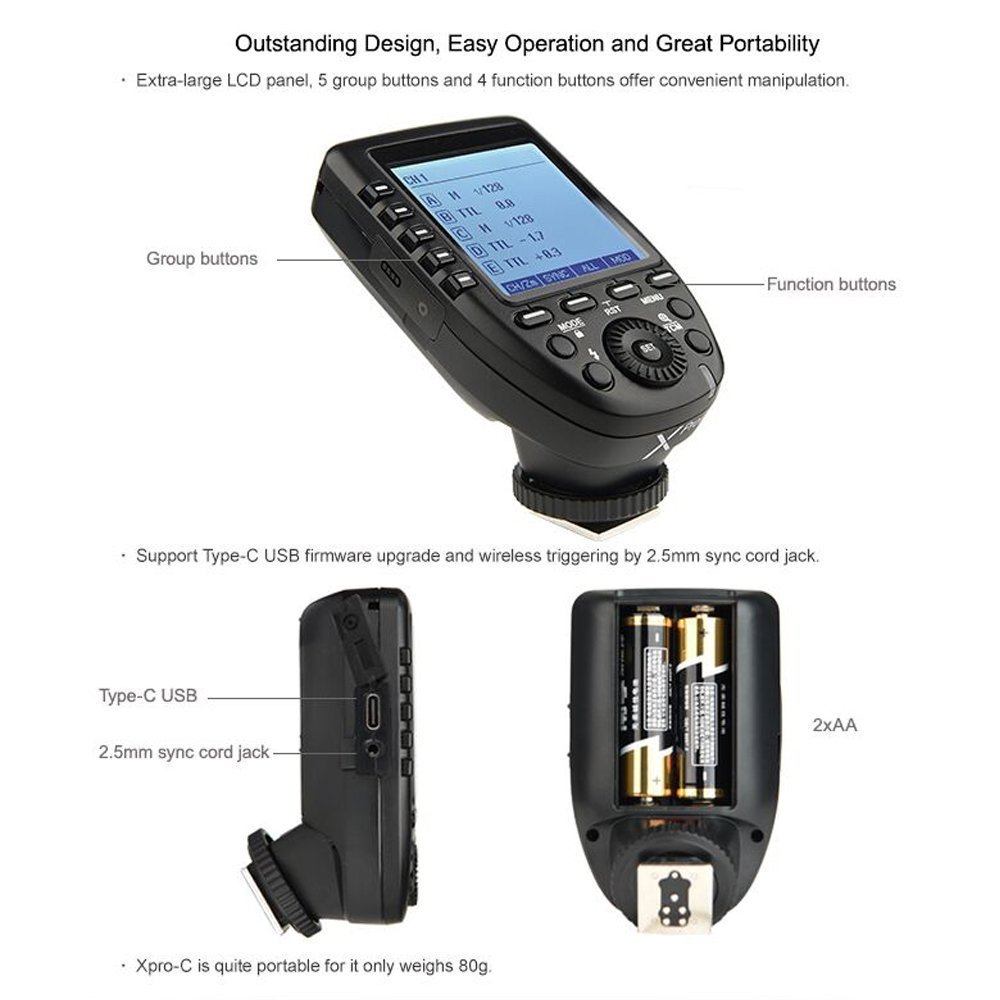 Godox Camera Flash Trigger Xpro-C for Canon Wireless Remote 2.4GHz 1/8000s HSS TTL-Convert-Manual Large Screen Design Customizable Functions