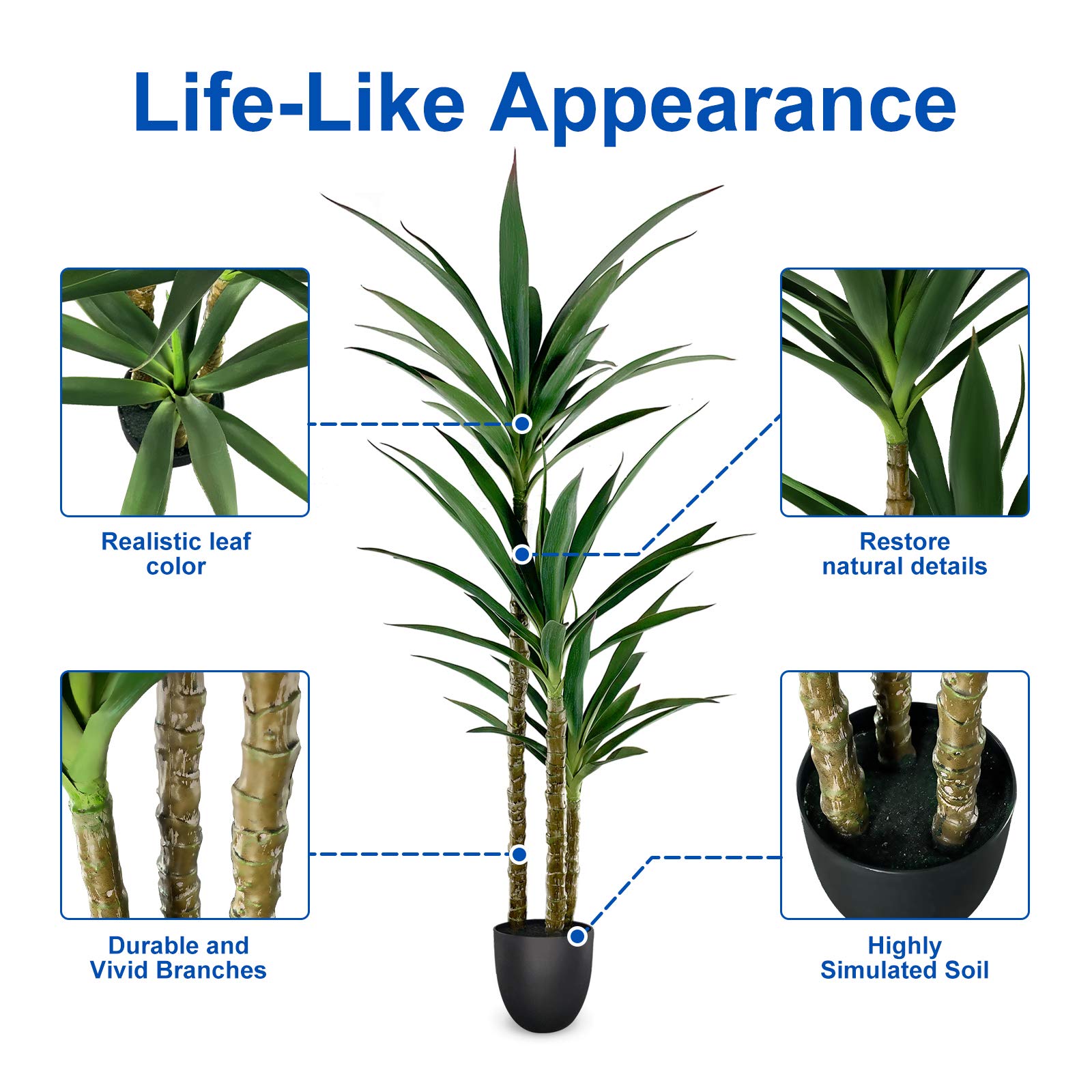 Lambye Artificial Tree, 4.6 Feet Agave Plant with 3 Heads in Plastic Pot, Potted Fake Greenery for Home, Office, Indoor and Outdoor Modern Decoration(2 Pack)