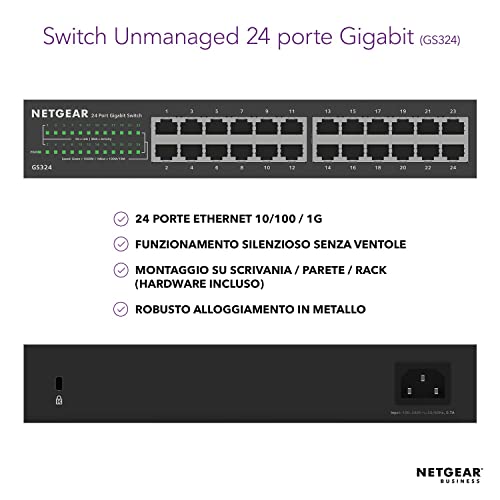 NETGEAR 24-Port Unmanaged Gigabit Ethernet Switch (GS324) - Desktop, Wall or Rack Mount, Quiet Operation
