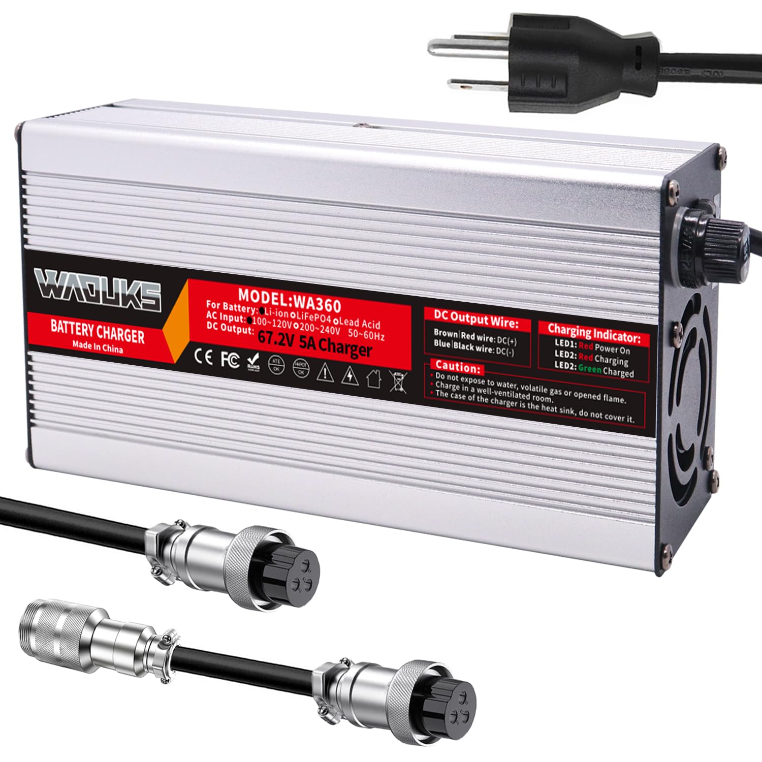 WAOUKS 67.2V 5A Charger 67.2V Lithium Battery Charger 60V Smart Charger Output GX16-3pin 1+ 3-/GX16-3pin 1+ 2- Connector Used for 16S 60V Li-ion Battery Pack