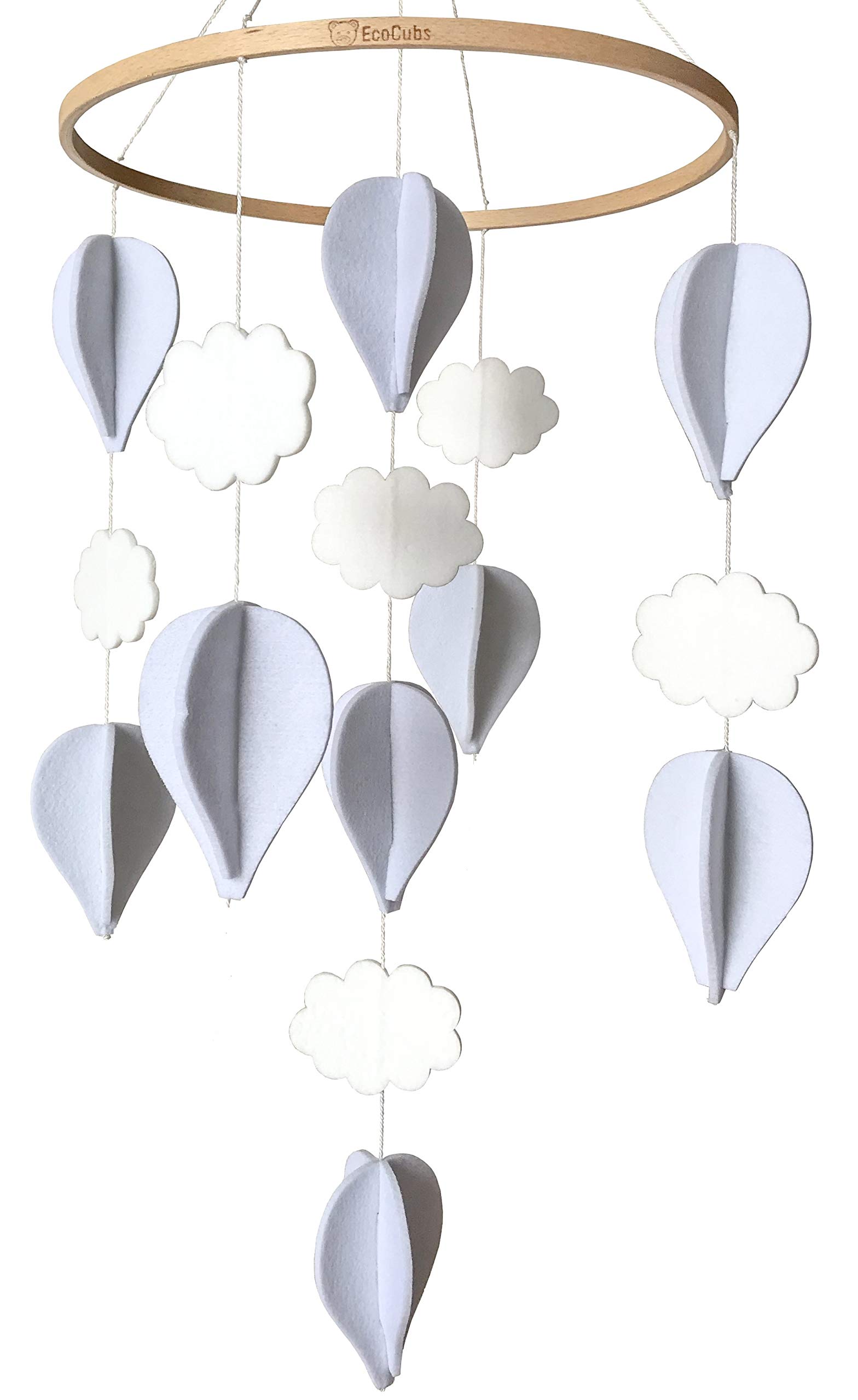 EcoCubs Handmade Baby Crib Mobile | White & Pale Grey | Hot Air Balloons & Clouds | Eco-Friendly Felt & Organic Beech Wood | Gender Neutral Nursery Decor | Simple & Modern Design