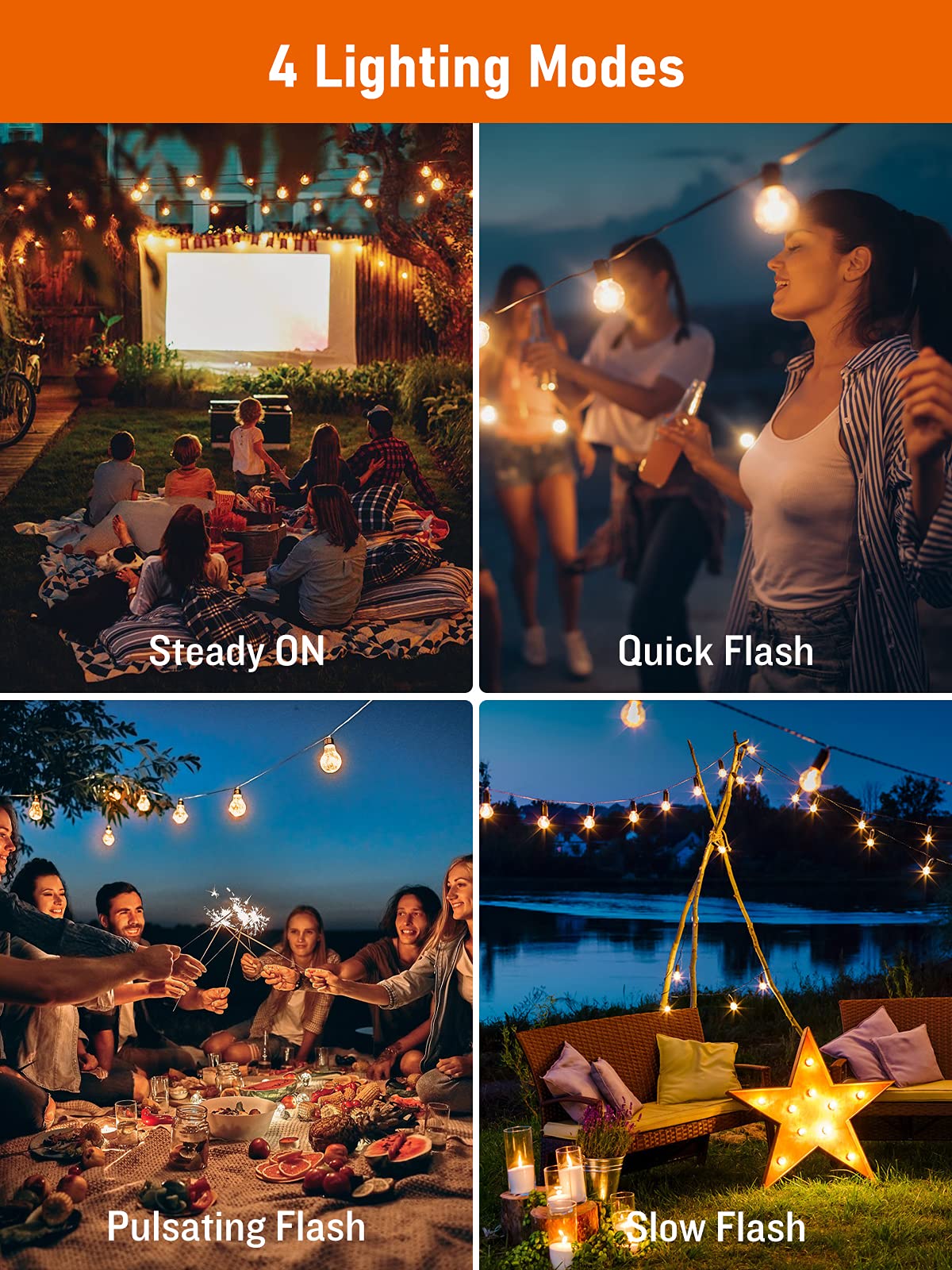 Solar String Light Outdoor Lijun 50FT S14 LED Patio Lights Waterproof Shatterproof 4 Light Mode Solar Powered with 17 Plastic Hanging E26 LED Bulbs for Porch, Pergola, Backyard, Garden, Party, Wedding