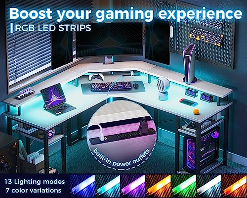 Coleshome L Shaped Gaming Desk with LED Lights & Power Outlets, Reversible 56" Computer Desk with Full Monitor Stand & Storage Shelves, Ergonomic Home Office Corner Desk, White