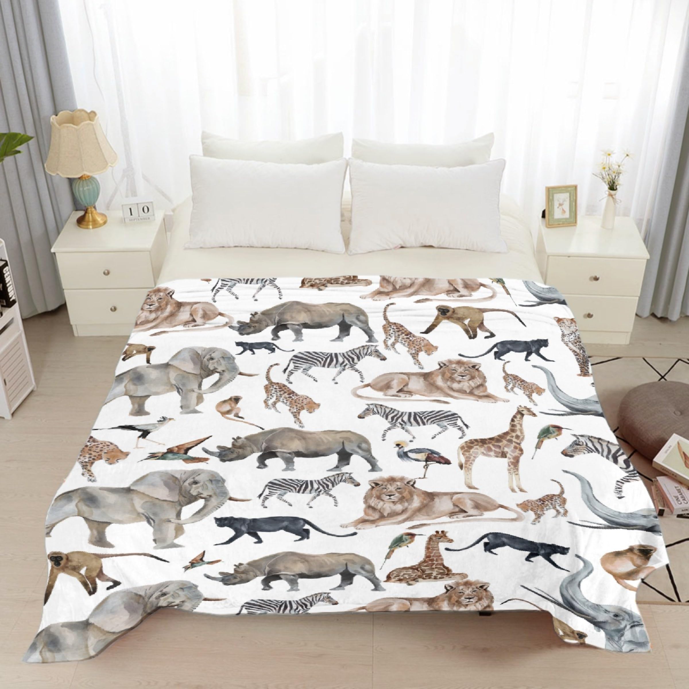 Animal Blanket Gifts for Boys Girls,Woodland Forest Animals Pattern Throws,Soft Plush Elephant Leopard Monkey Lion Hippo Print,Lightweight Quilts for Bed Sofa Decoration 60 x 50in for Teens