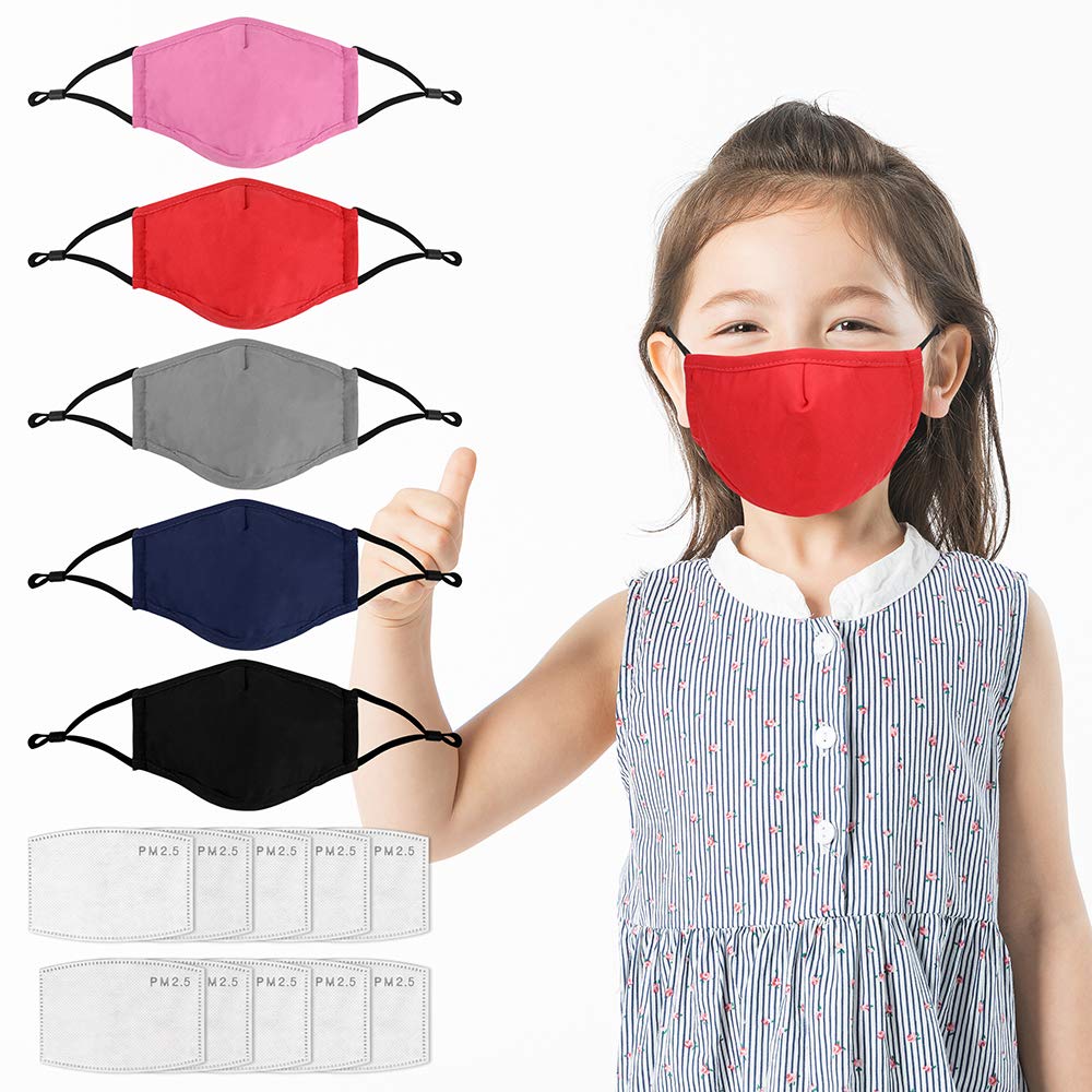 5Pcs Kids Reusable Washable Facial Cotton Covering Breathable Seamless Cotton Children-Includes 10Pcs Filters