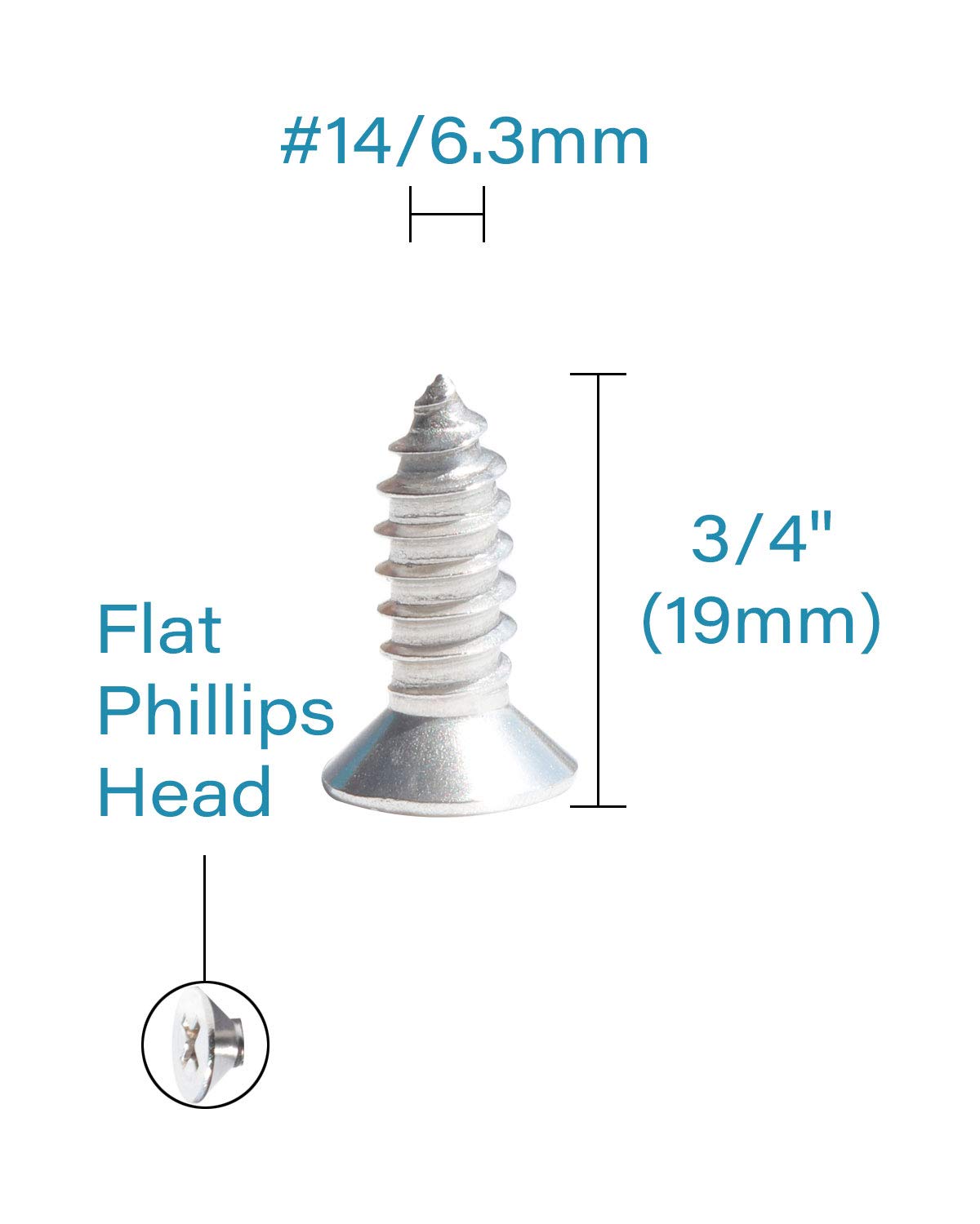 IMScrews 50pcs #14 x 3/4" Wood Screws, 18-8 304 Stainless Steel, Flat Head Phillips, Self-Tapping - Ideal for Wood Projects.