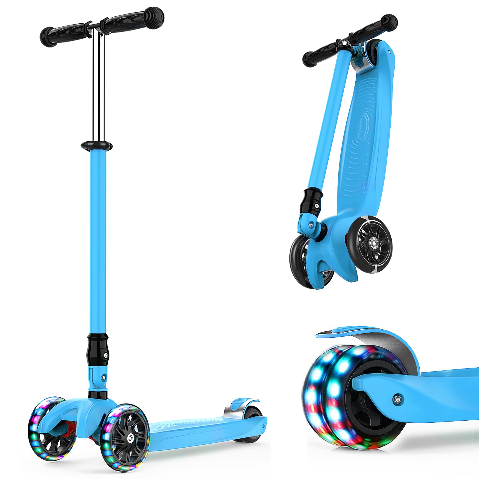 IMMEK Kick Scooter for Kids 3 Wheels Folding Ages 3-12 Years Old Toddler with Three LED Light Wheel, Adjustable Height, Rear Brake, Outdoor Activities for Boys/Girls Maximum Weight 110 lb (Blue)