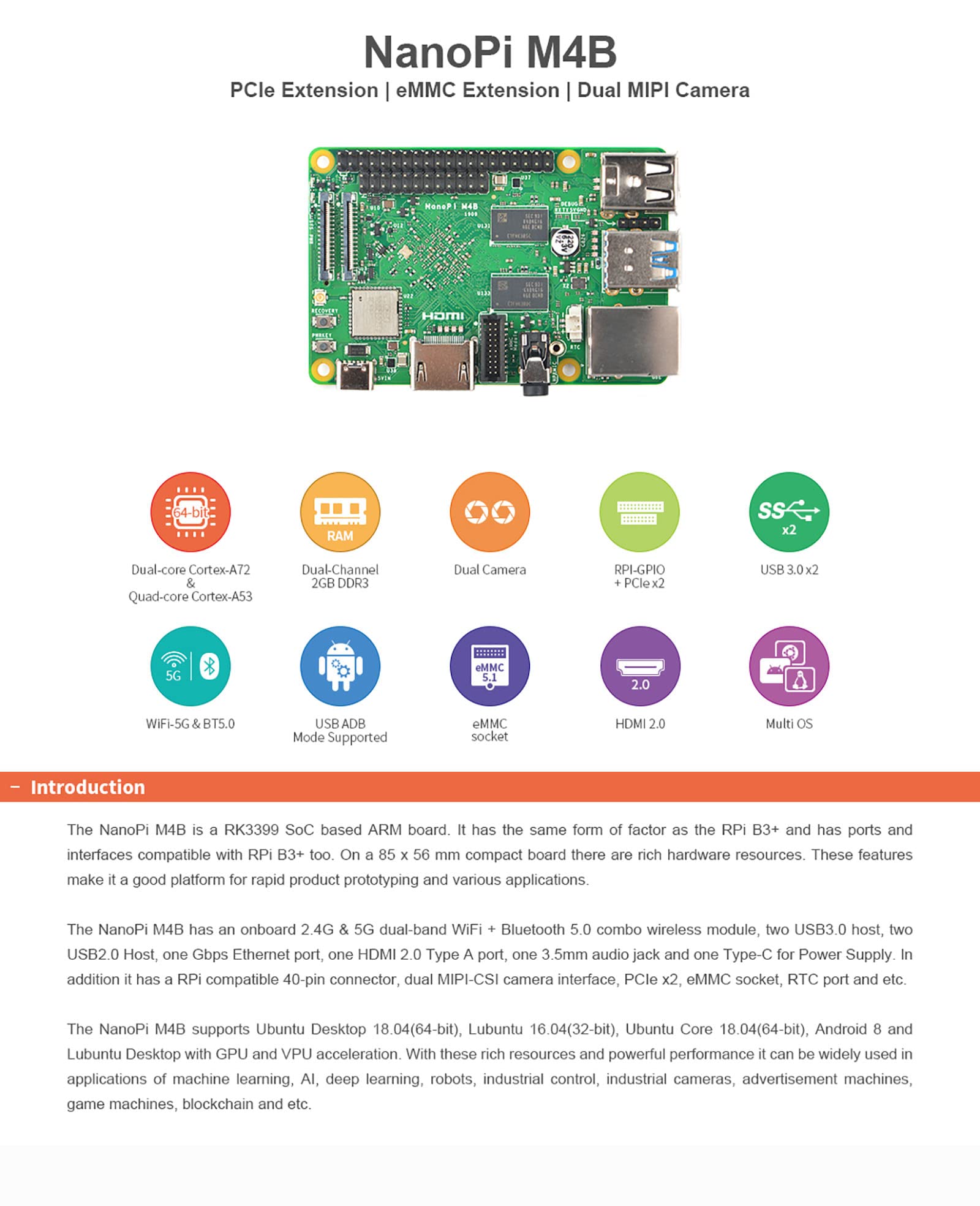 FriendlyARM NanoPi M4B 2GB DDR3 Rockchip RK3399 SoC 2.4G & 5G Dual-Band WiFi,Support Android and Ubuntu, AI and deep Learning
