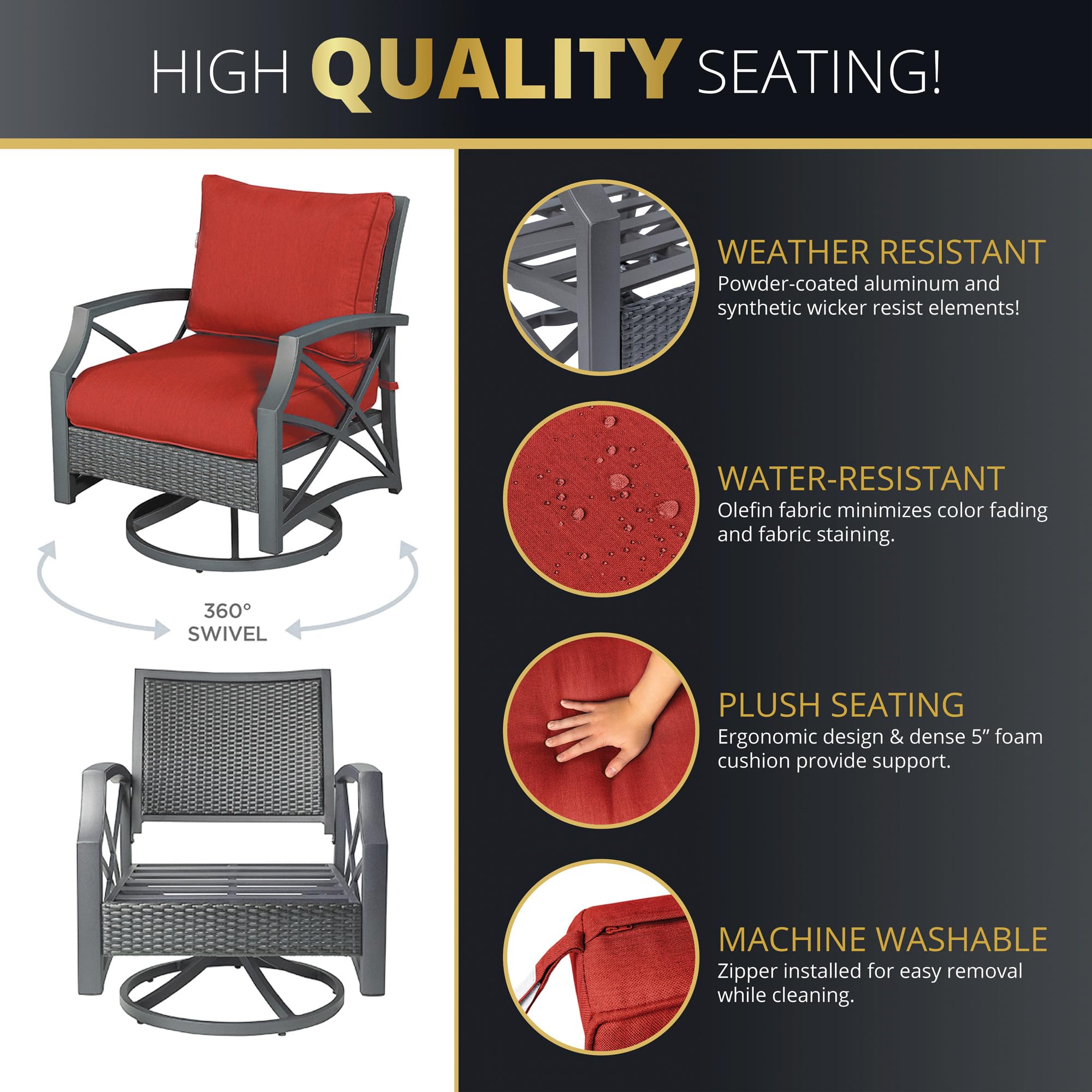 Kinger Home Novi 5-Piece Outdoor Patio Furniture Set with 52-Inch Propane Fire Pit Table - CSA Certified, 50,000 BTU, Swivel Chairs, Aluminum Frame, Includes Fire Glass & Wind Guard