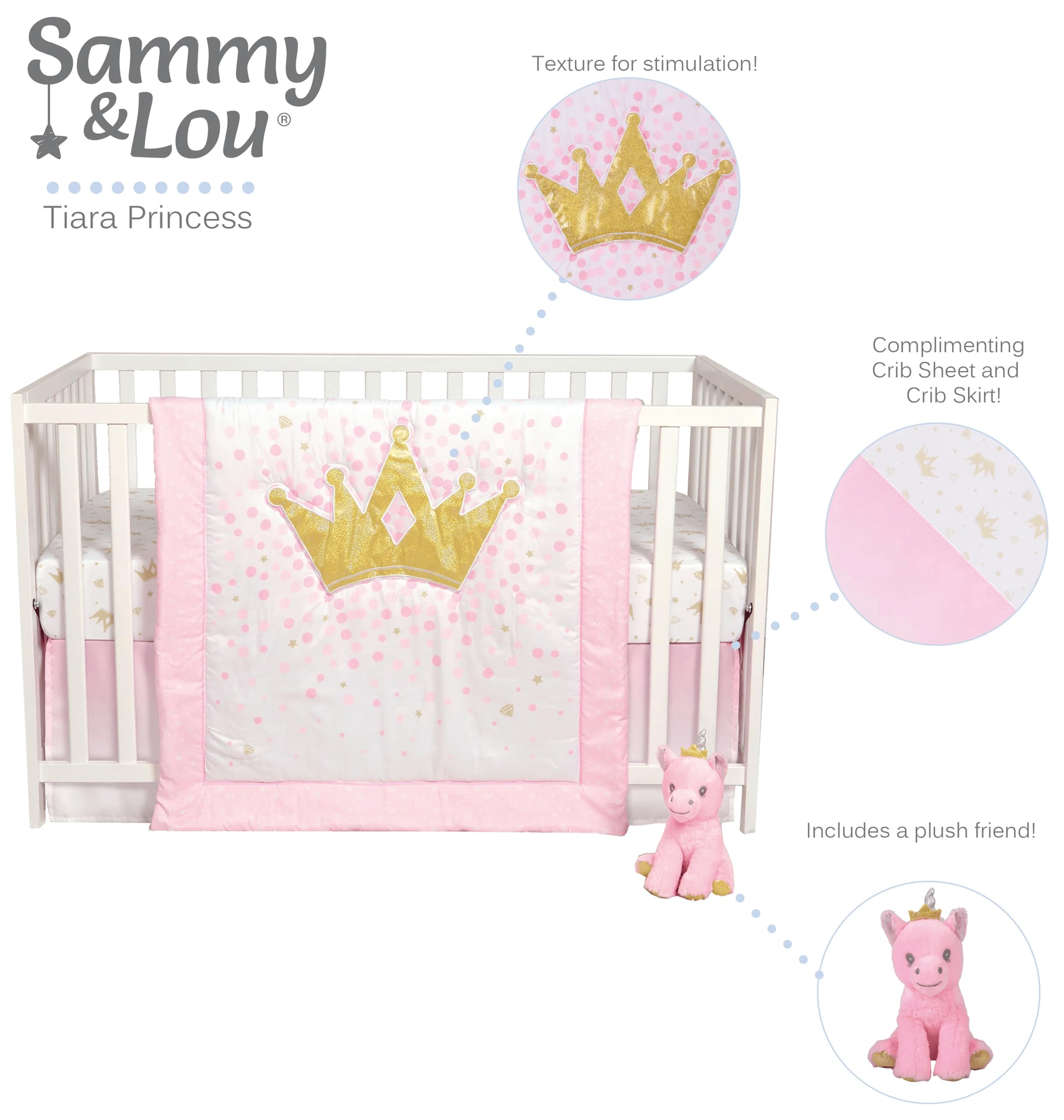 Sammy & Lou Tiara Princess 4-Piece Baby Nursery Crib Bedding Set for Girls, Includes Quilt, Fitted Crib Sheet, Crib Skirt, and Plush Toy