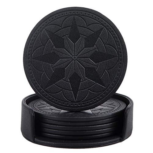 Drink Coasters,365park PU Leather Coasters Set of 6 with Holder for Glasses