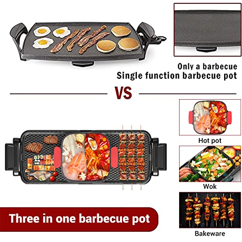 Barbecue Hot Pot 2 In 1, Indoor Korean BBQ, Dual Control Shabu Shabu, Hot Pot with Grill, Multifunction Smoke Free Stove Portable with Free Spoons, Brushes, Pliers, Strainer Scoops 110v.