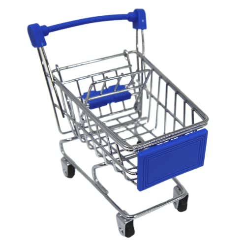 Bonka Bird Toys 2297 Mini Shopping Cart Supermarket Handcart Basket Foot Talon Bird Toy Treat Forage Dispenser Holder Model Metal Wheel Wire Frame Pet Fun (Dark Blue)