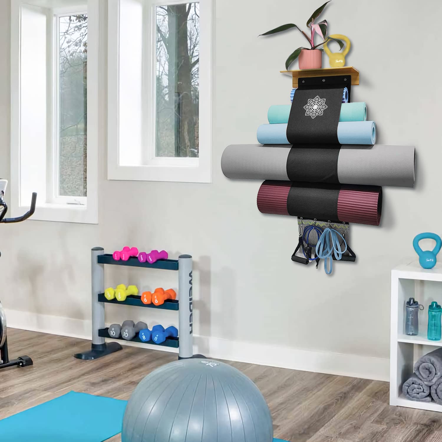 Aconfei Yoga Mat Holder Wall Mount, Yoga Mat Storage Rack with Wood Floating Shelf, Yoga Mat Organizer for Yoga Mat, Foam Roller (Dark Grey)