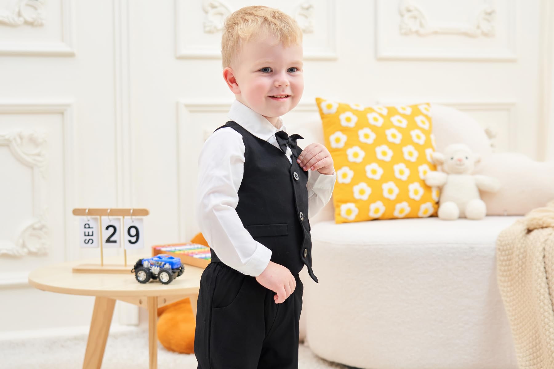 Toddler Boy Clothes Suit Gentleman Wedding Outfits, Formal Dress Shirt+Bowtie+Vest+Pants, US 18-24 Months = Tag 90