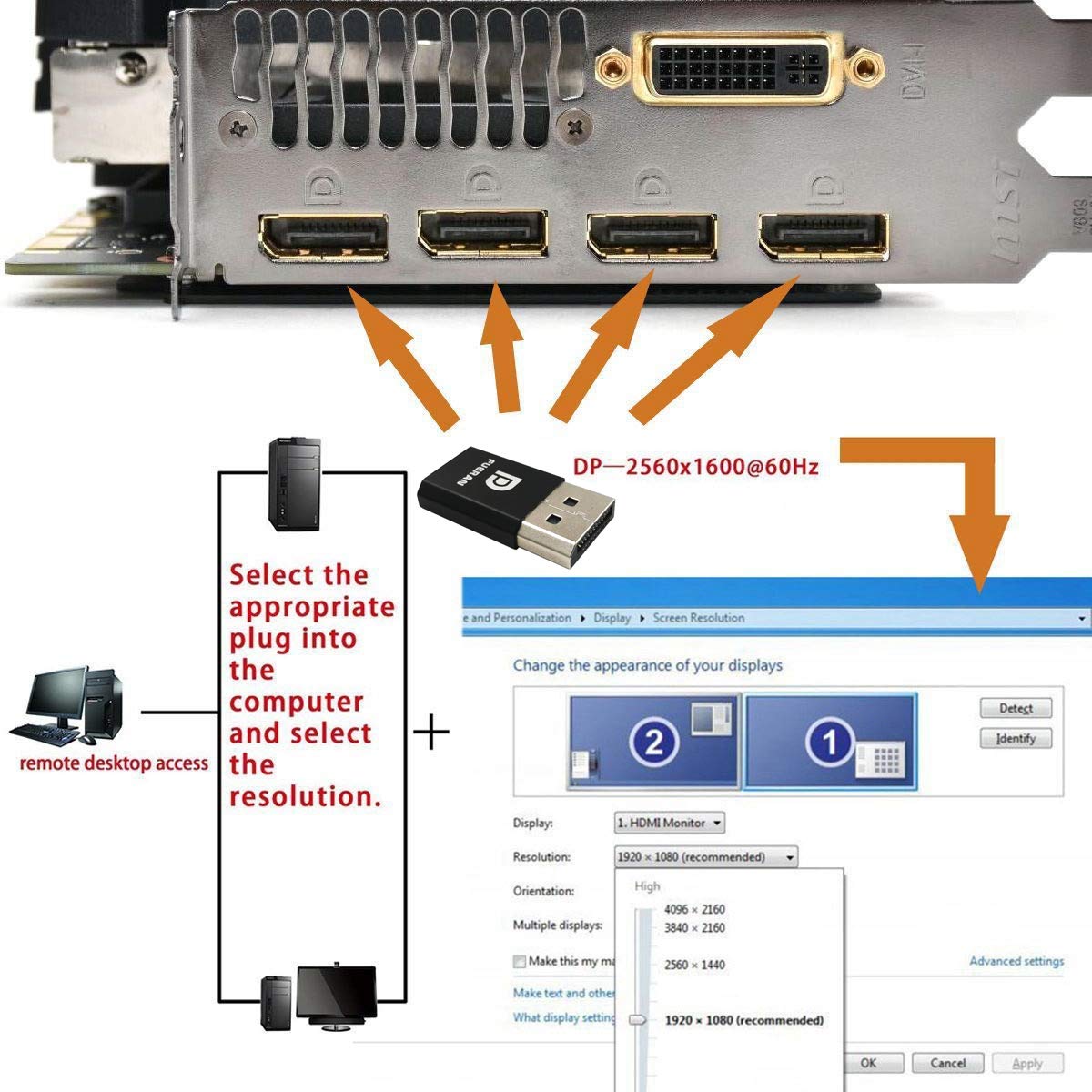FUERAN DP - DisplayPort Display Emulator EDID Emulator Plug 2K (fit Headless 2560x1600@30Hz) 4K 4096x2160@60Hz Display Port Dummy Plug DisplayPort Compatible (DP-2P)