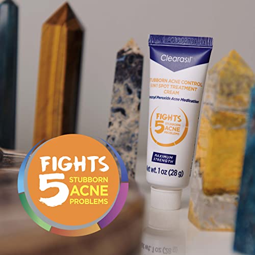 Clearasil Stubborn Acne Control 5-in-1 Spot Treatment Cream with Benzoyl Peroxide Acne Medication to Clear Acne, 1 Ounce (Pack of 3)