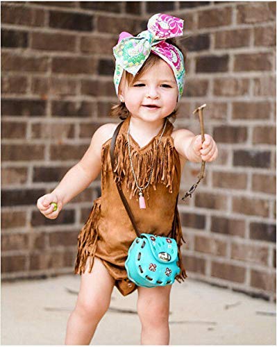 Infant Baby Girl Fringe Faux Suede Romper - Western Style Halter Sunsuit, Adjustable Straps (Brown, 6-12 Months)